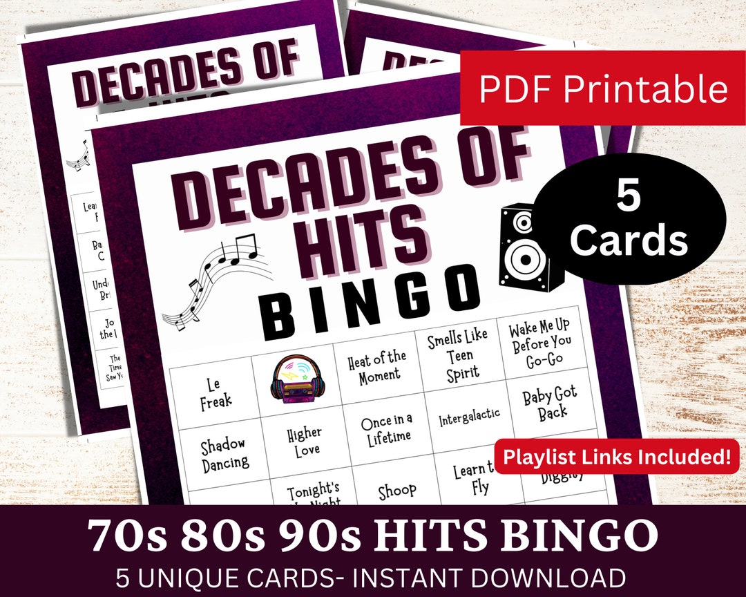 5 Decades of Hits Bingo, 70s 80s 90s Songs Game Cards for Party ...