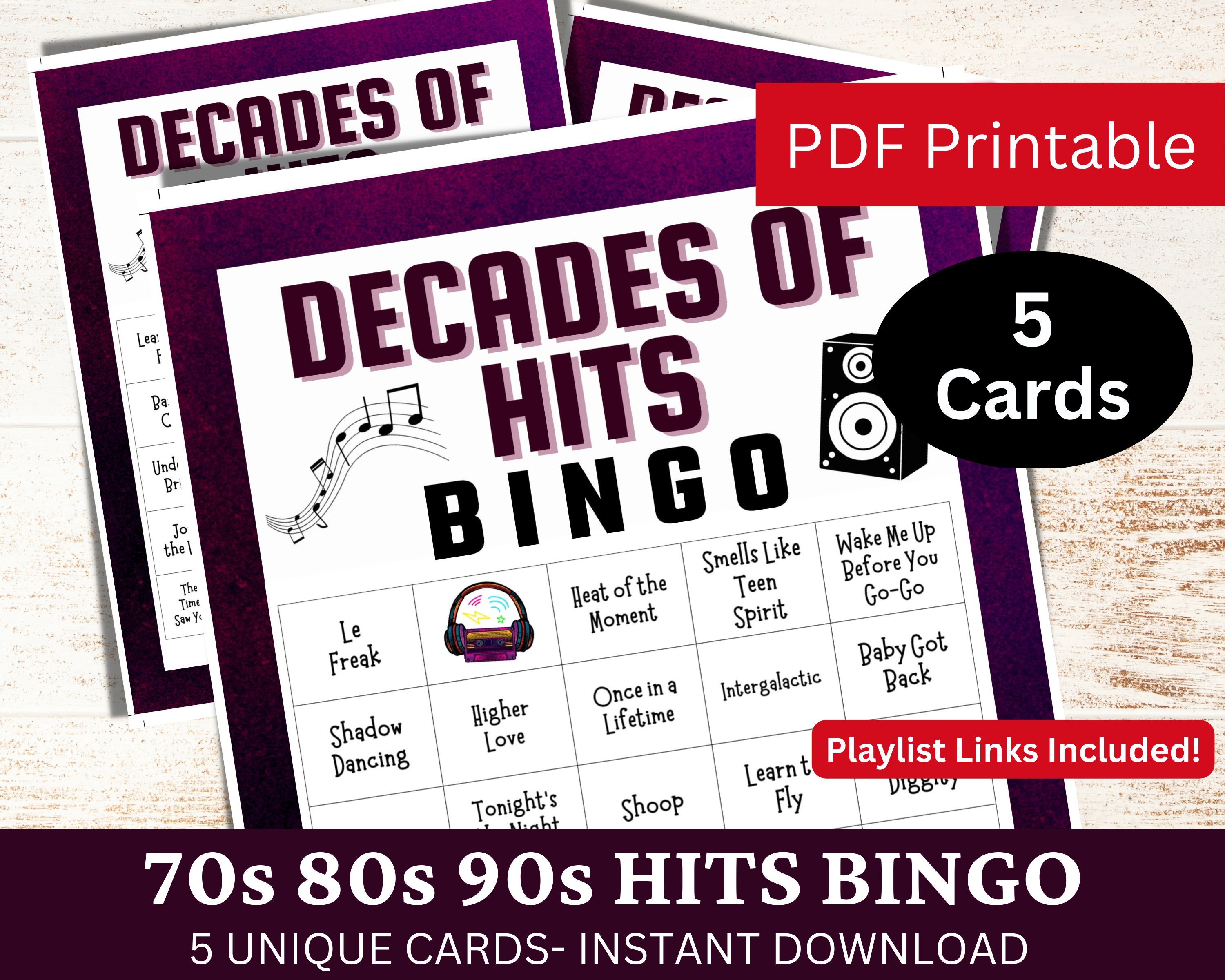 5 Decades of Hits Bingo, 70s 80s 90s Songs Game Cards for Party ...