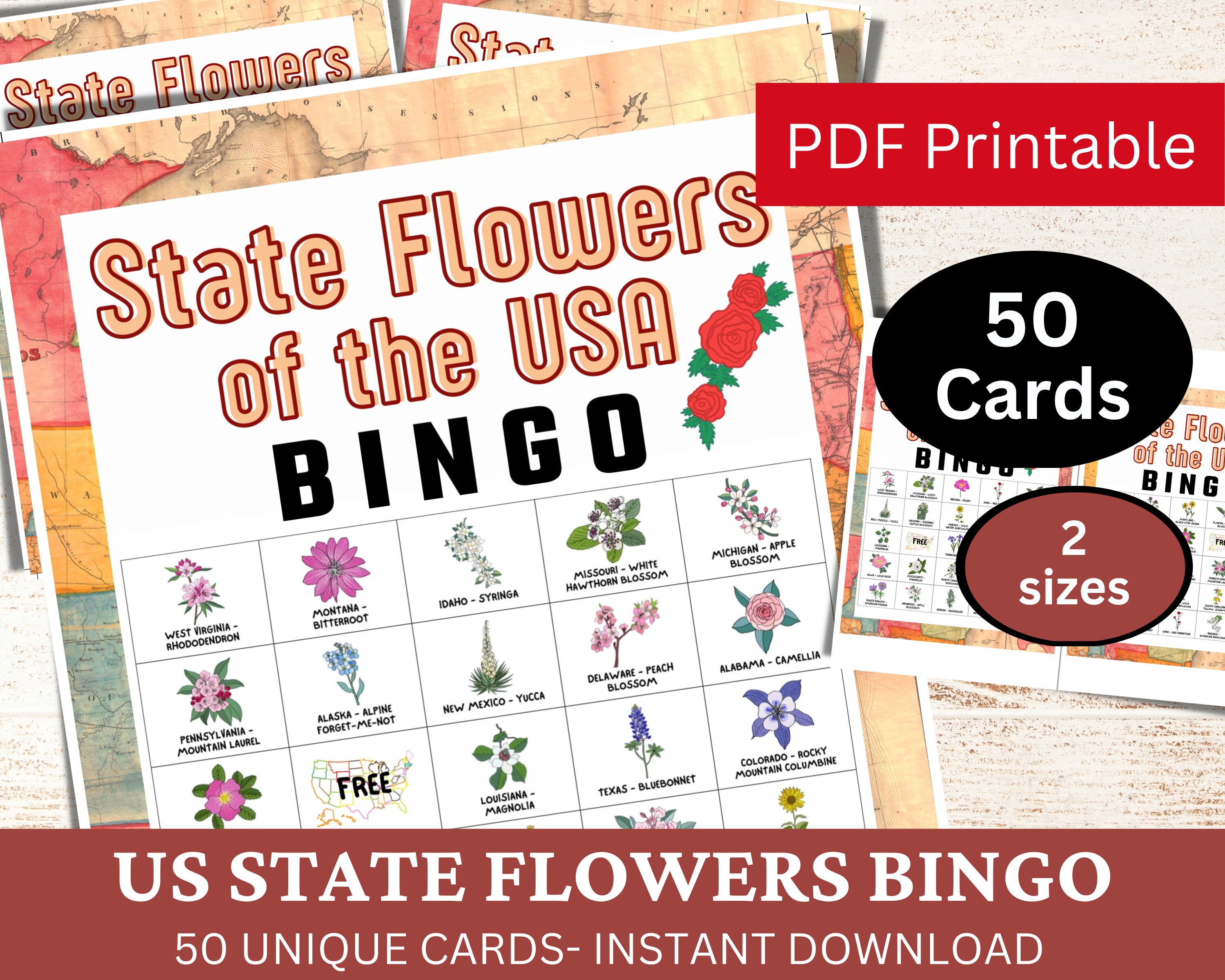 50 US State Flowers Bingo Game Card, Fun Travel Theme Road Trip ...