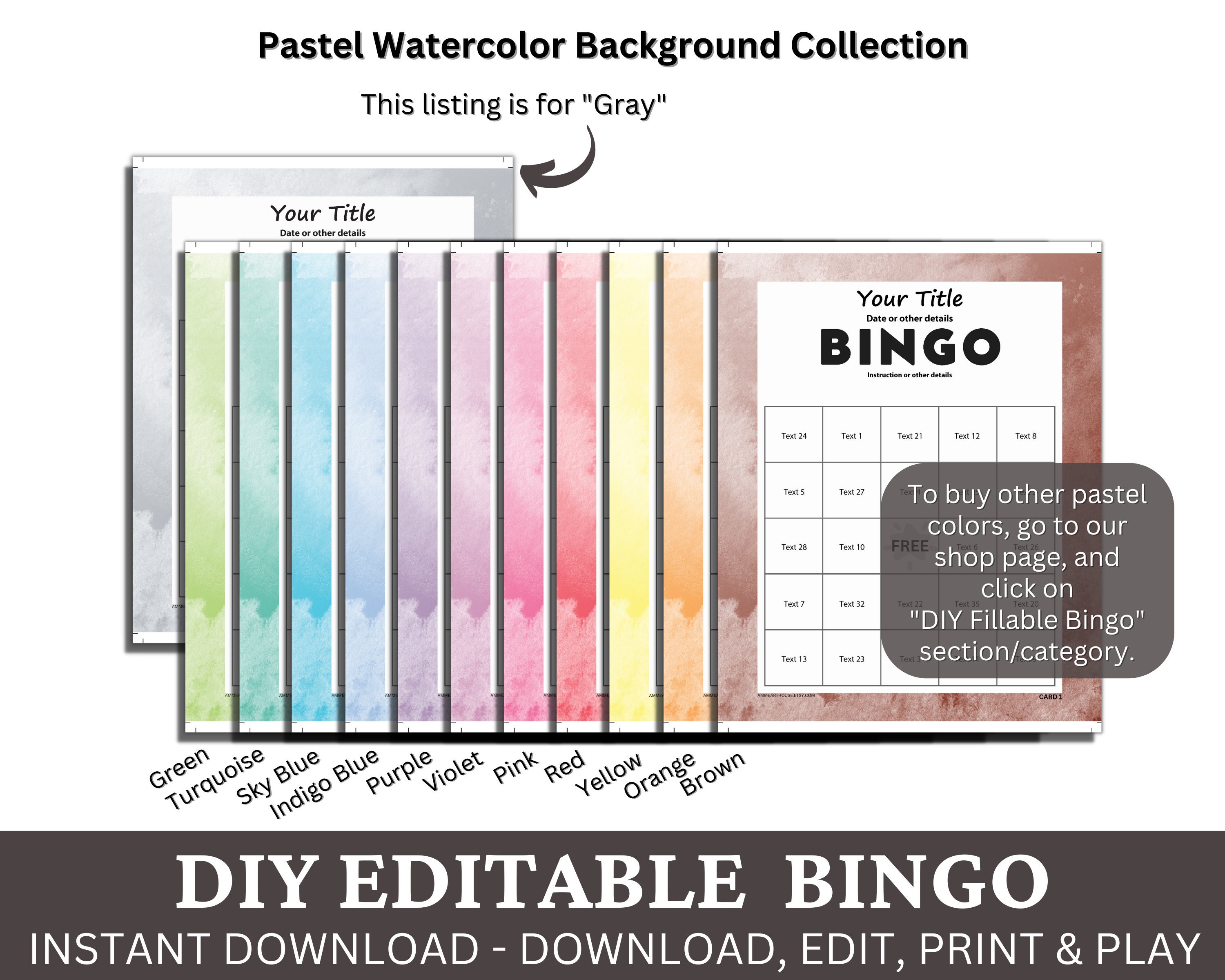 25 Editable Bingo Watercolor Gray Template PDF, DIY Fillable Game Cards ...