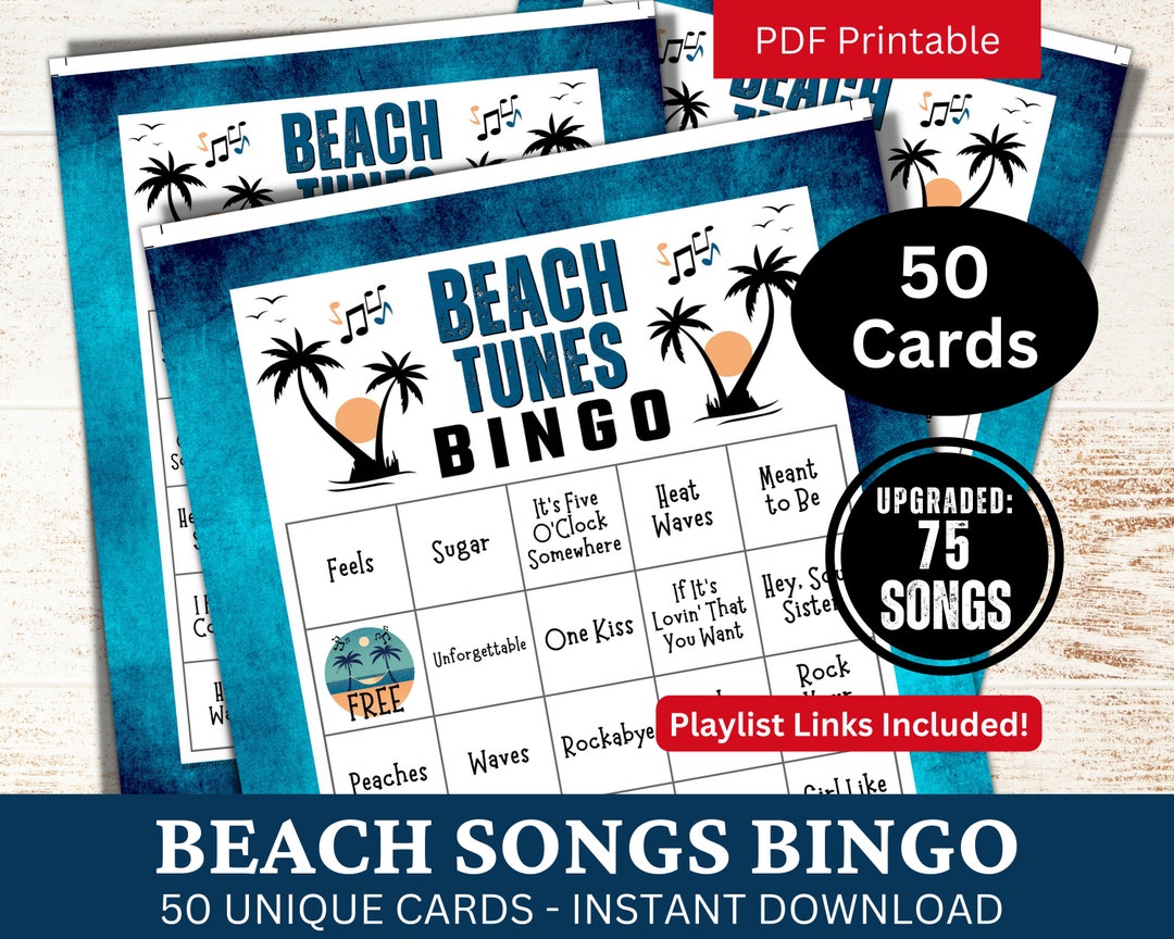 Beach Songs Bingo Game 50 Cards, Vacation Tunes Activity, Summer Themed ...