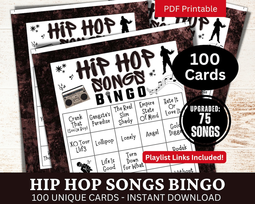 Hip Hop Songs Bingo Game 100 Card, Rap Music Party Activity, Family ...