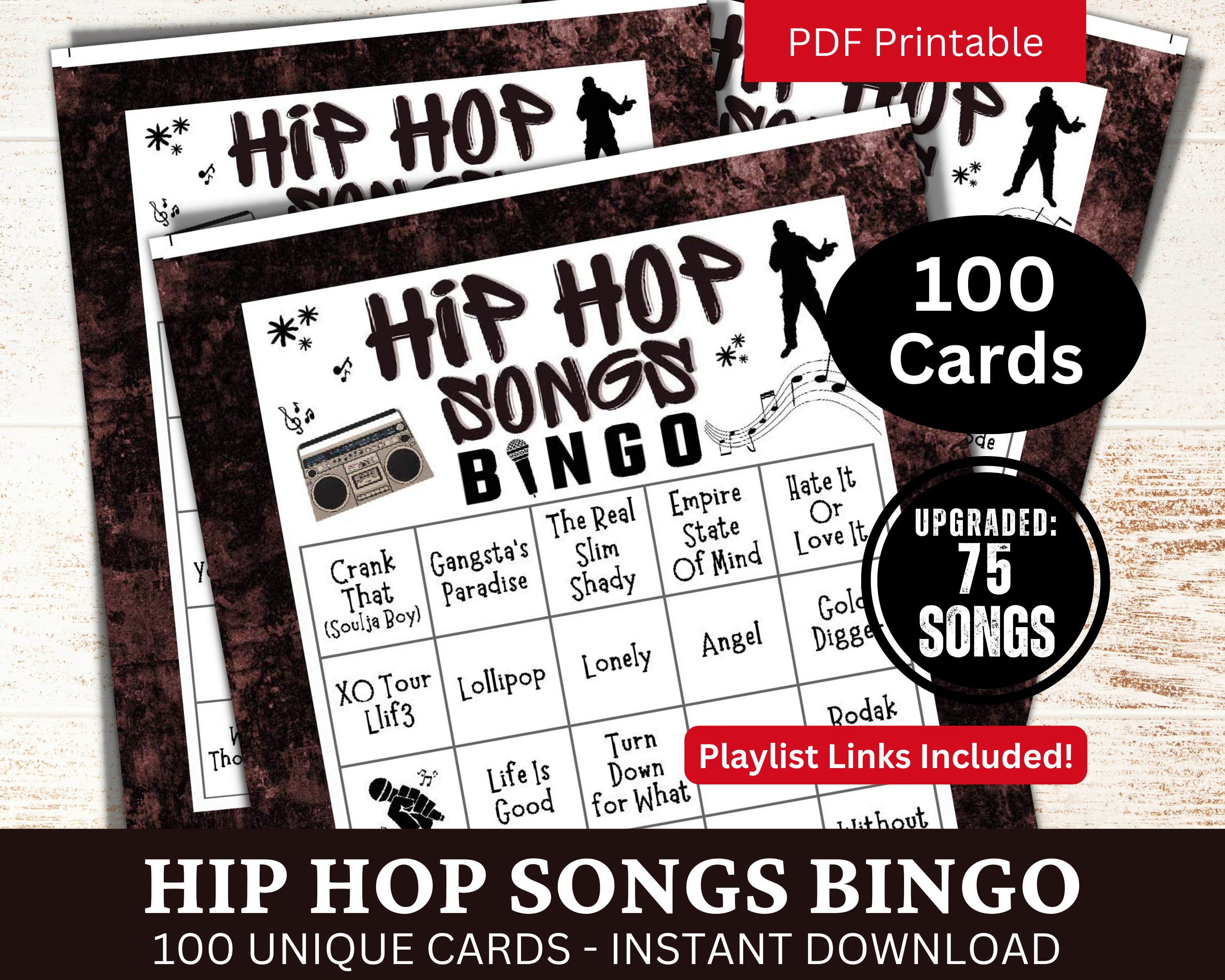 Hip Hop Songs Bingo Game 100 Card, Rap Music Party Activity, Family ...