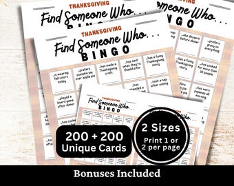 Find Someone Who Bingo, 200 Cards, Thanksgiving Edition, Printable PDF ...