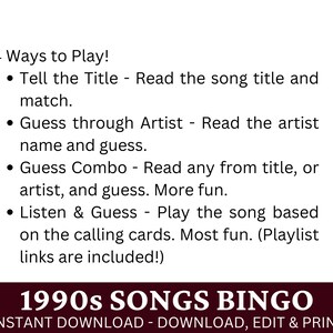 90s Throwback Songs Bingo Game 100 Card, 1990s Timeless Music Party ...