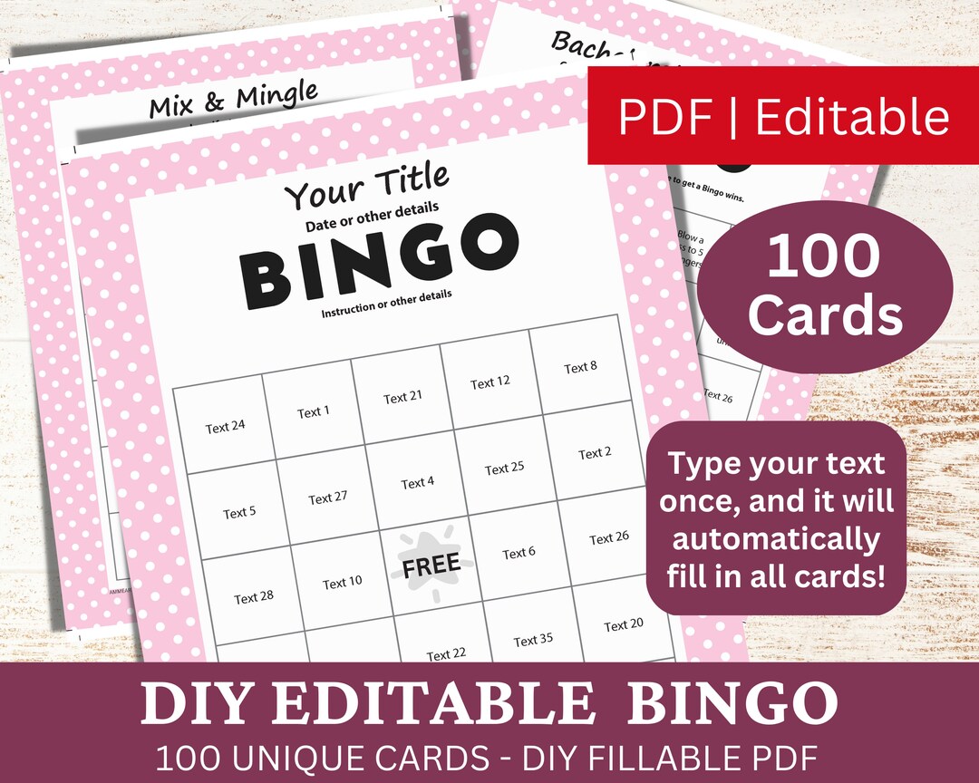 100 Editable Bingo Pastel Pink Template PDF, DIY Fillable Bingo Game ...