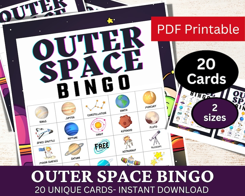 20 Outer Space Bingo Game Card, Fun Solar System Theme Party Activity ...