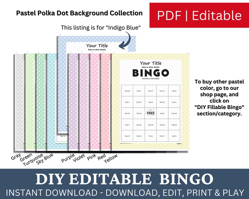 50 Editable Bingo Pastel Indigo Blue Template PDF, DIY Fillable Bingo ...
