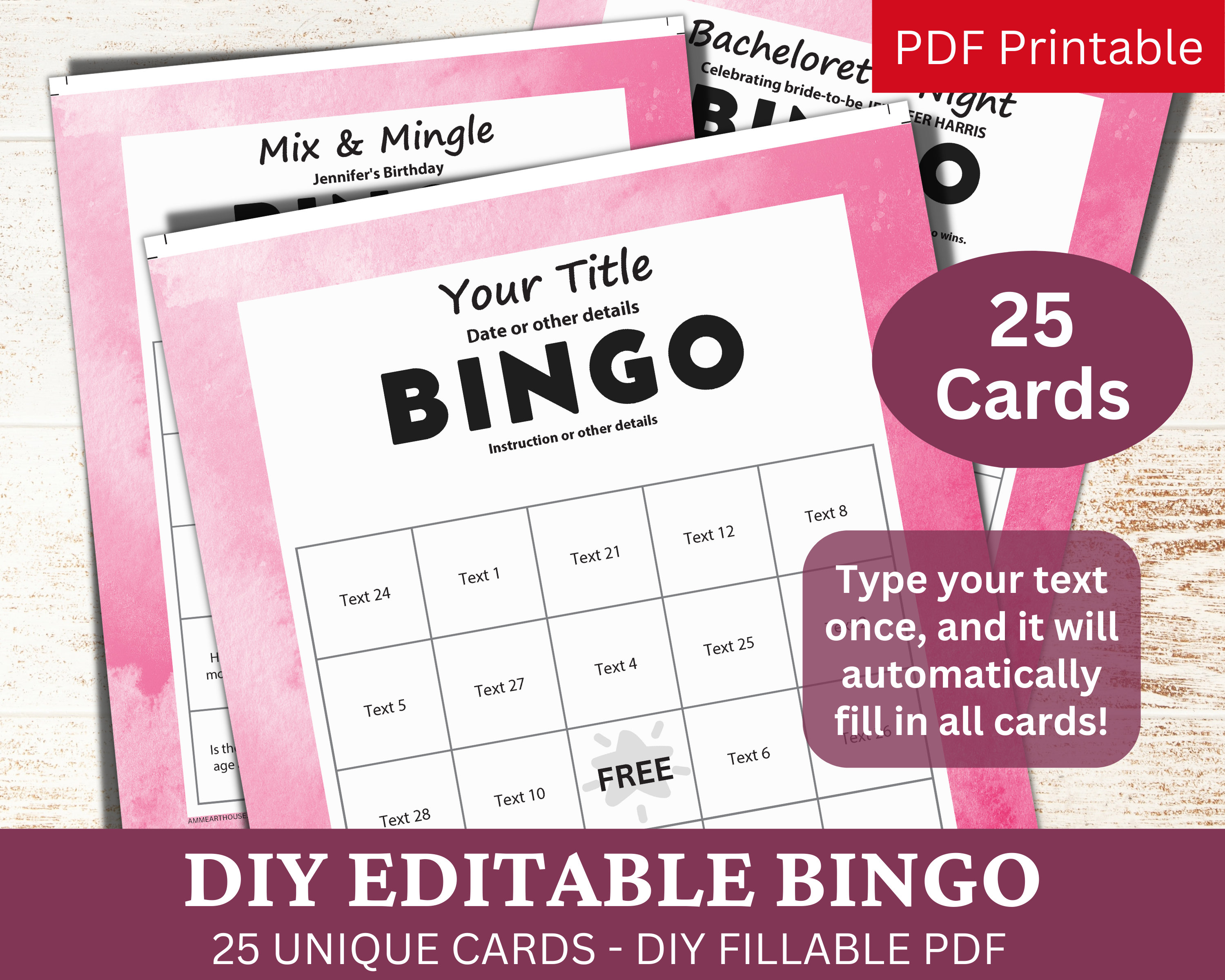 25 Editable Bingo Watercolor Pink Template PDF, DIY Fillable Game Card ...