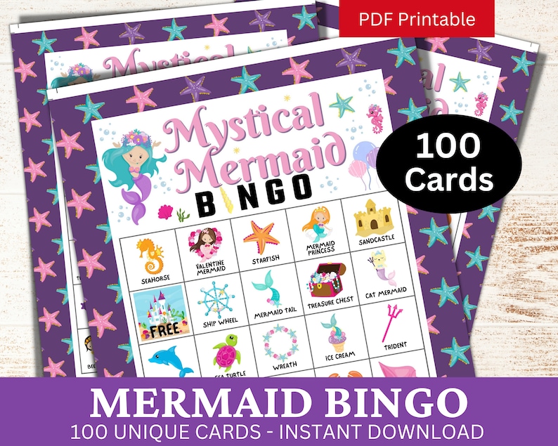 Mermaid Bingo 100 Card, Cute Printable Mermaid Theme Family Game Night ...