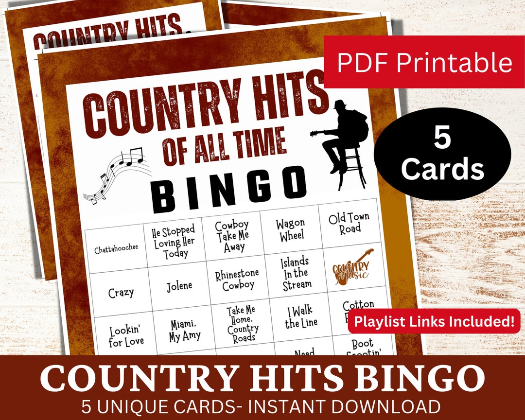 5 Country Music Songs Bingo Game Cards, Timeless Hits Party Activity ...