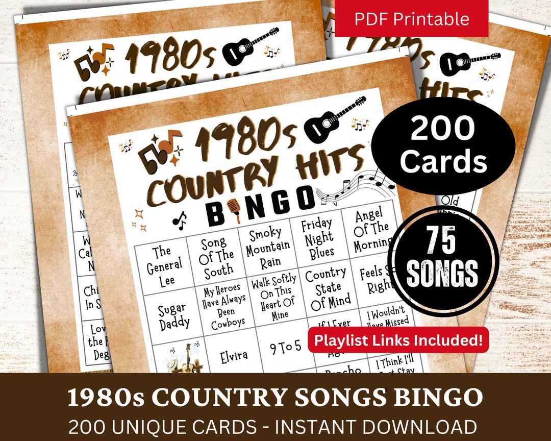 1980s Country Songs Bingo 200 Cards, Fun Family Holiday Party Activity ...