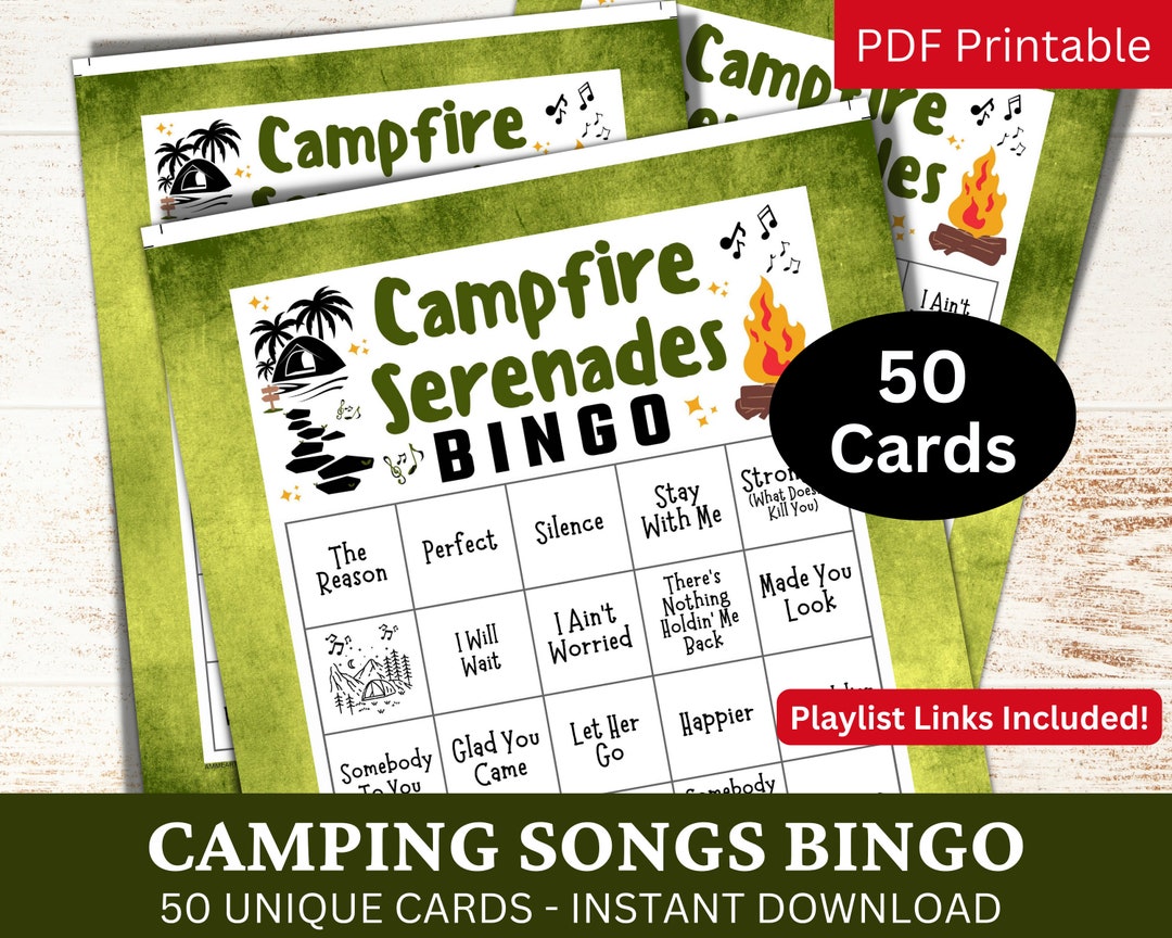 Camping Songs Bingo 50 Card, Summer Journey Music With Playlist Game ...