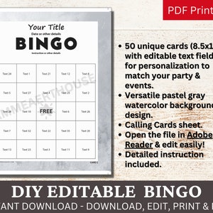 50 Editable Bingo Watercolor Gray Template PDF, DIY Fillable Game Cards ...