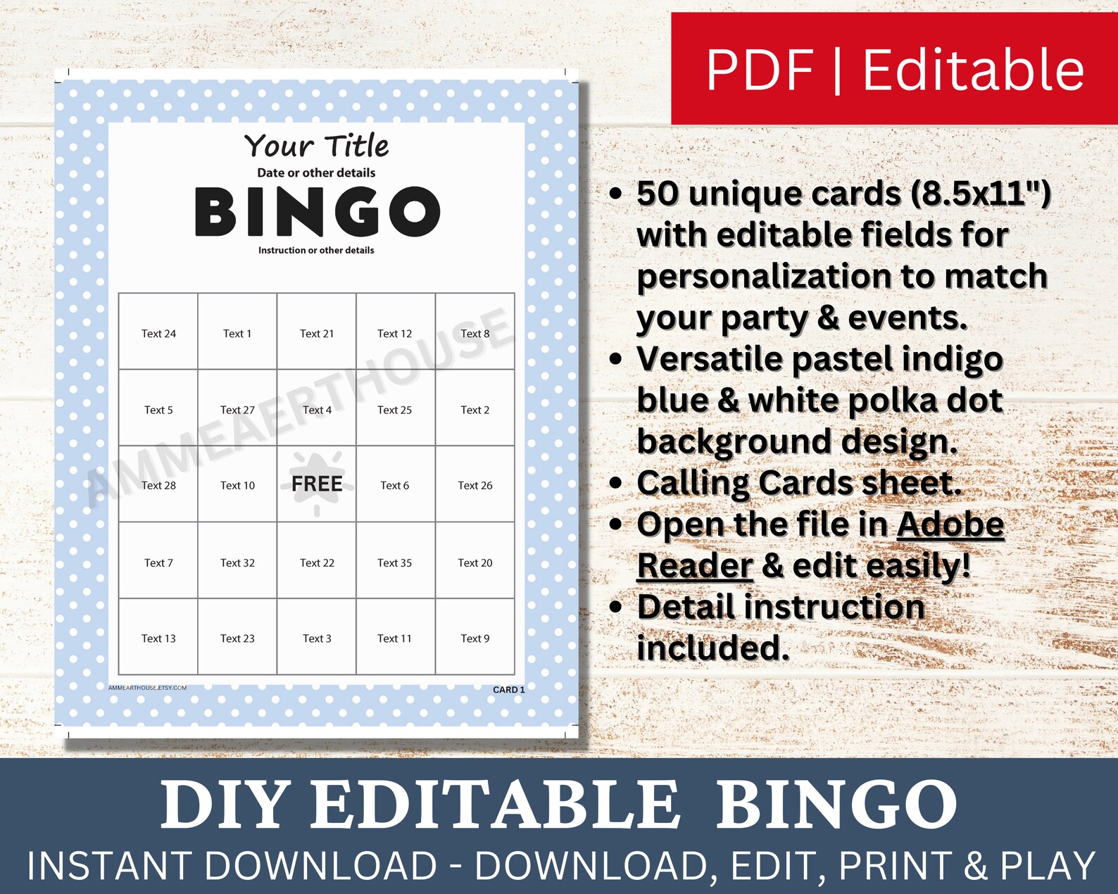 50 Editable Bingo Pastel Indigo Blue Template PDF, DIY Fillable Bingo ...