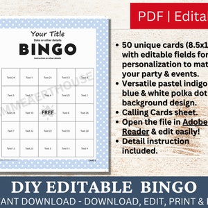 50 Editable Bingo Pastel Indigo Blue Template PDF, DIY Fillable Bingo ...