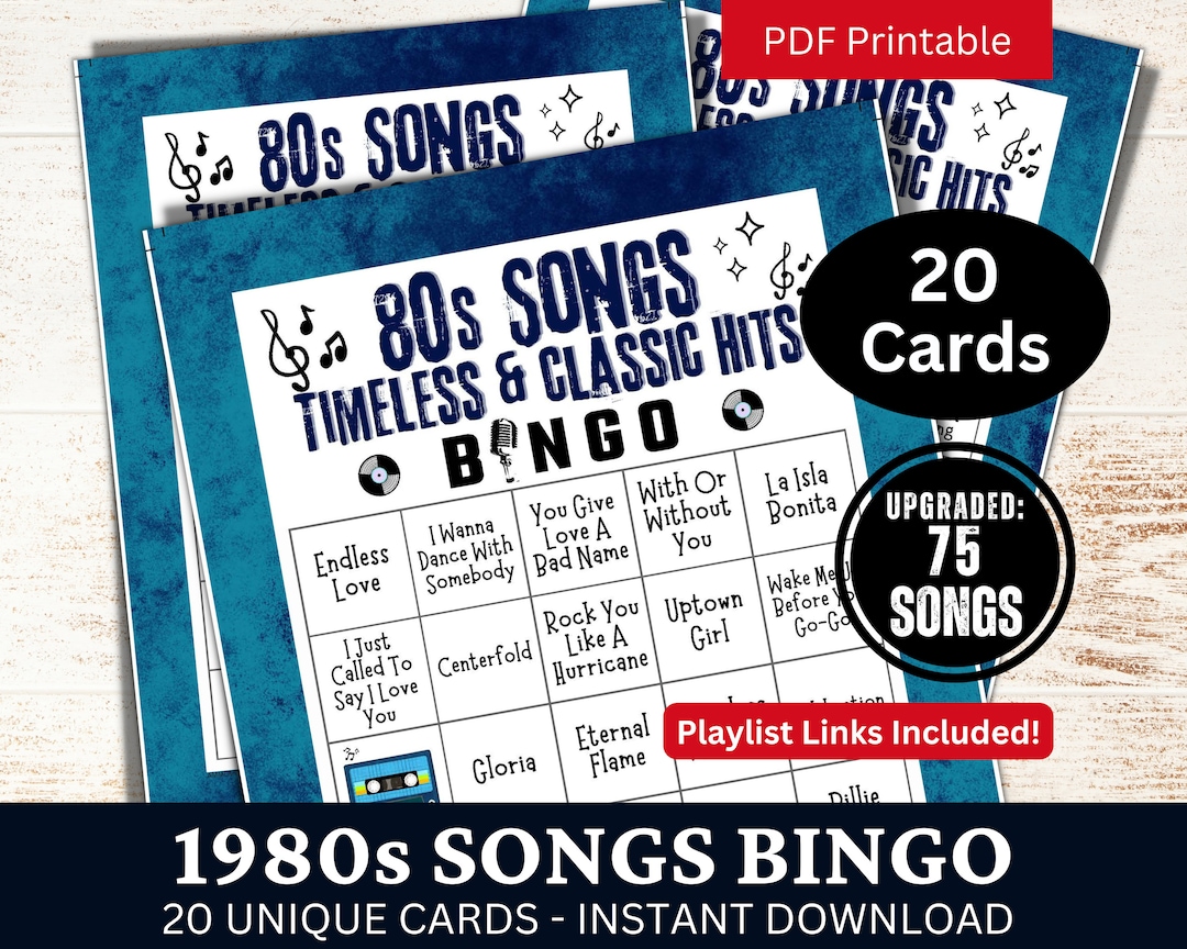 Classic 80s Songs Bingo 20 Cards, 1980s Music Bingo With Playlist ...