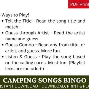 Camping Songs Bingo 50 Card, Summer Journey Music With Playlist Game ...