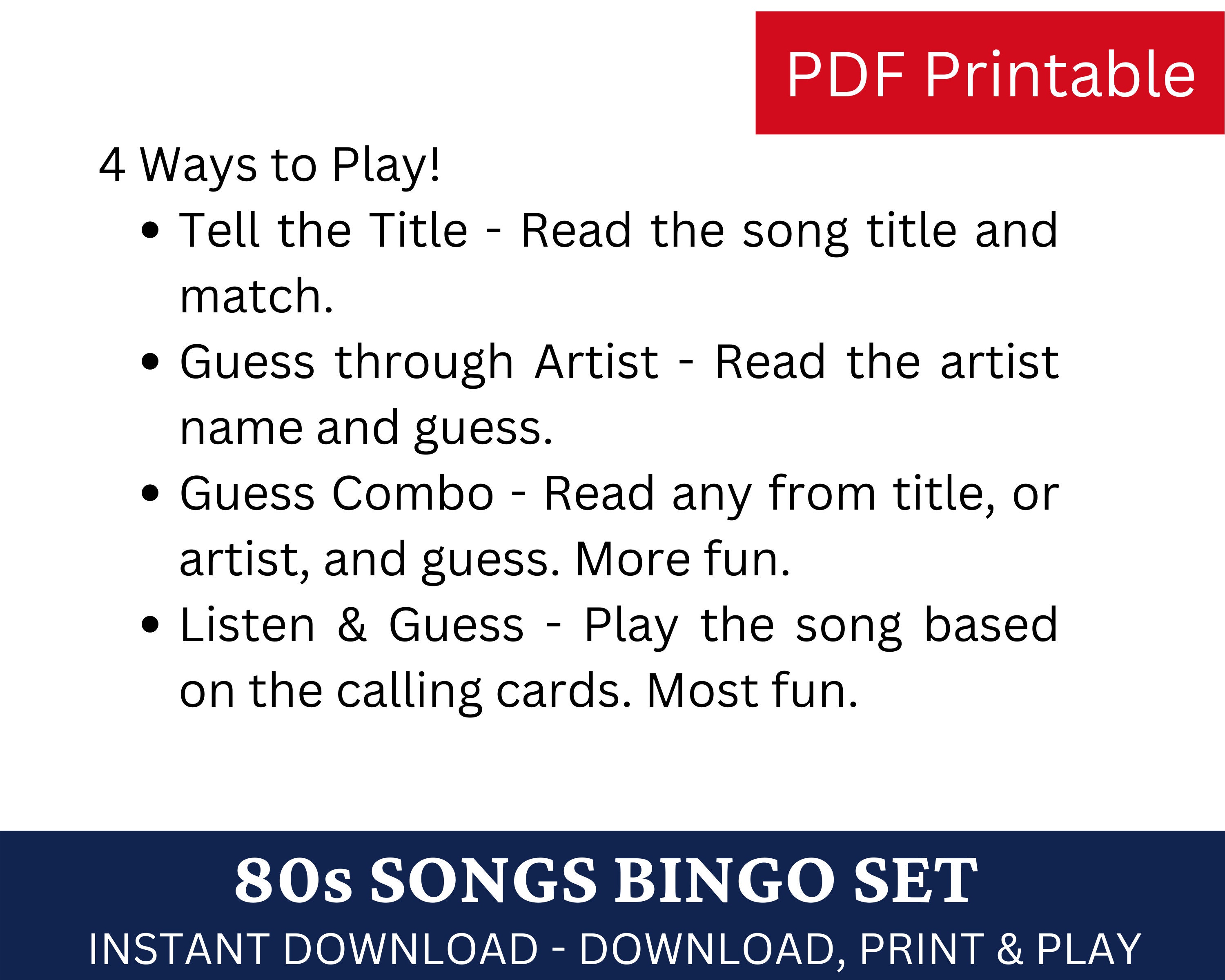 5 Classic 80s Songs Bingo Game Cards Timeless Music Party - Etsy