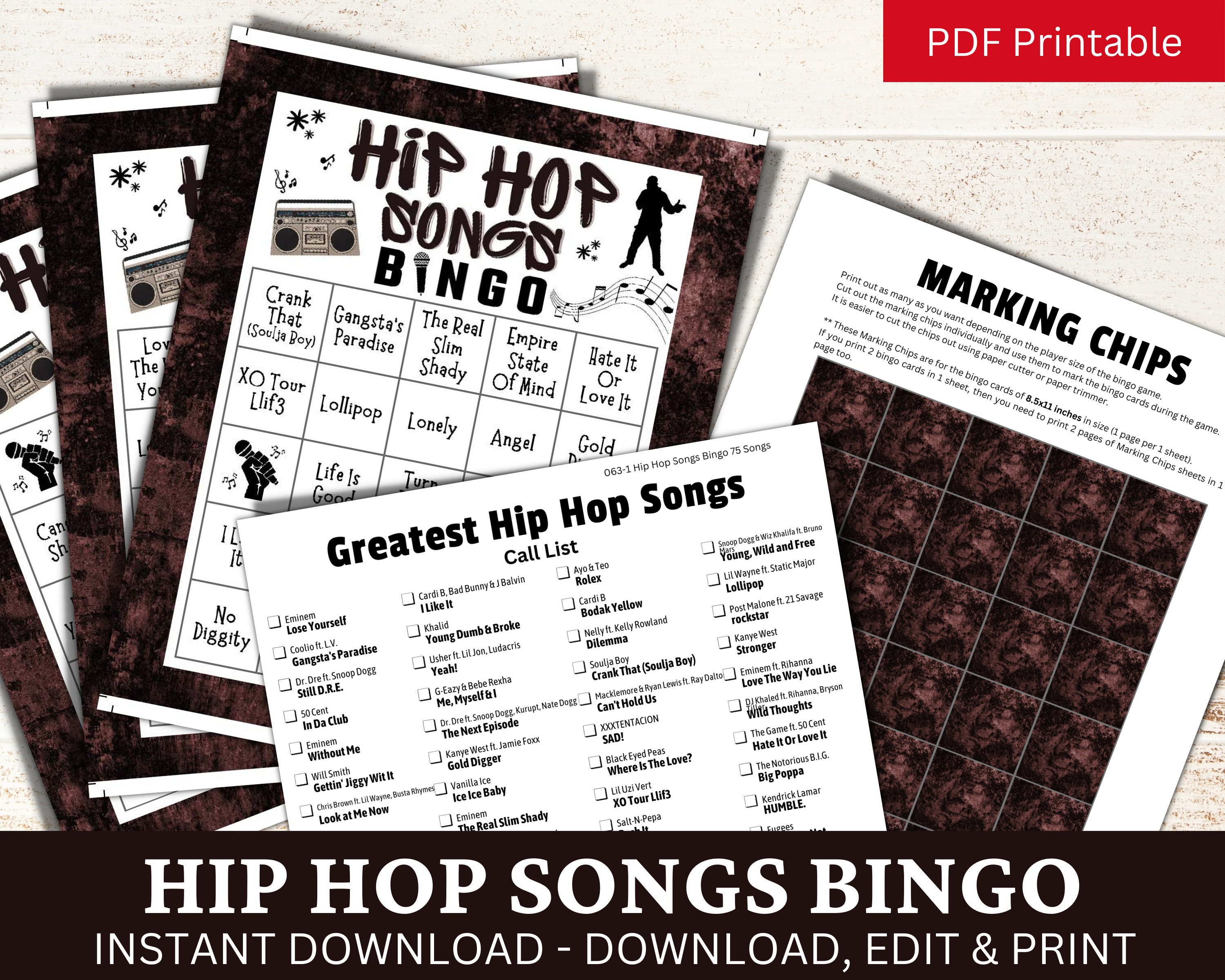 Hip Hop Songs Bingo Game 100 Card, Rap Music Party Activity, Family ...