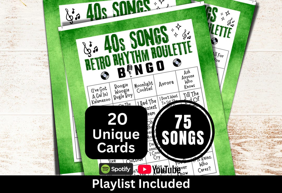 1940s Songs Bingo Game 20 Card, 40s Music Bingo With Playlist, Family ...