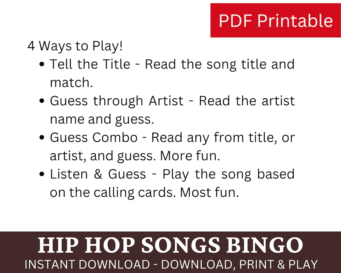 Hip Hop Songs Bingo Game 50 Cards Rap Music Party Activity - Etsy