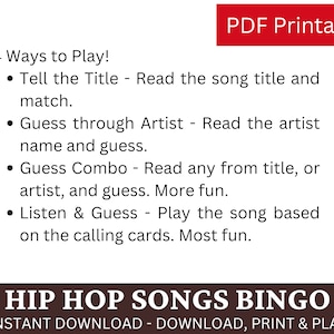 Hip Hop Songs Bingo Game 50 Cards Rap Music Party Activity - Etsy