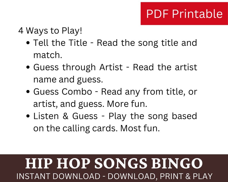 Hip Hop Songs Bingo Game 50 Cards Rap Music Party Activity - Etsy