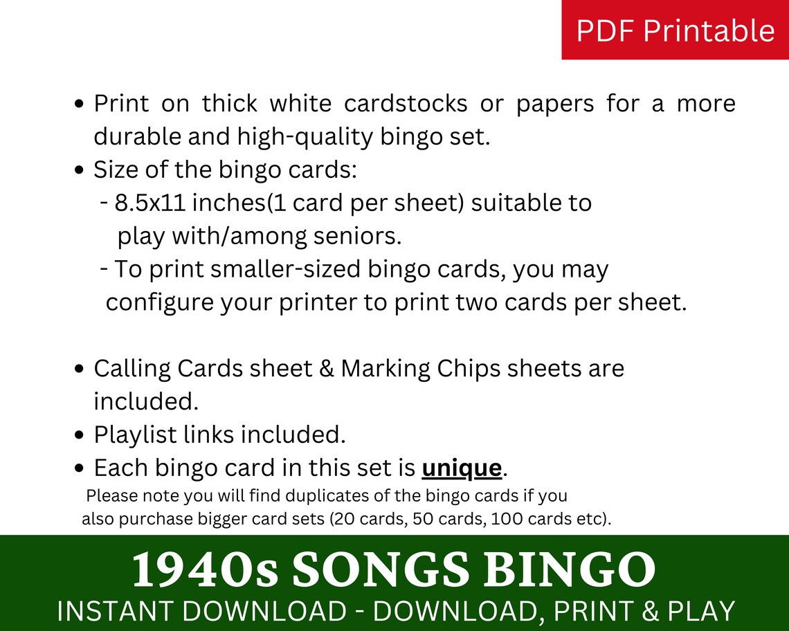1940s Songs Bingo Game 20 Card 40s Music Bingo With Playlist - Etsy