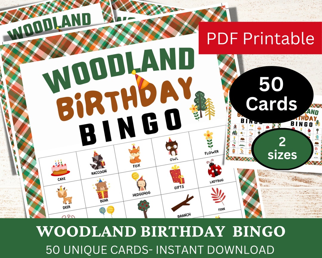 50 Woodland Birthday Bingo Game Card, Forest Theme Party Activity, PDF ...