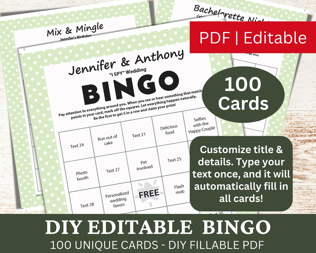100 Editable Bingo Pastel Green Template PDF, DIY Fillable Bingo Game ...