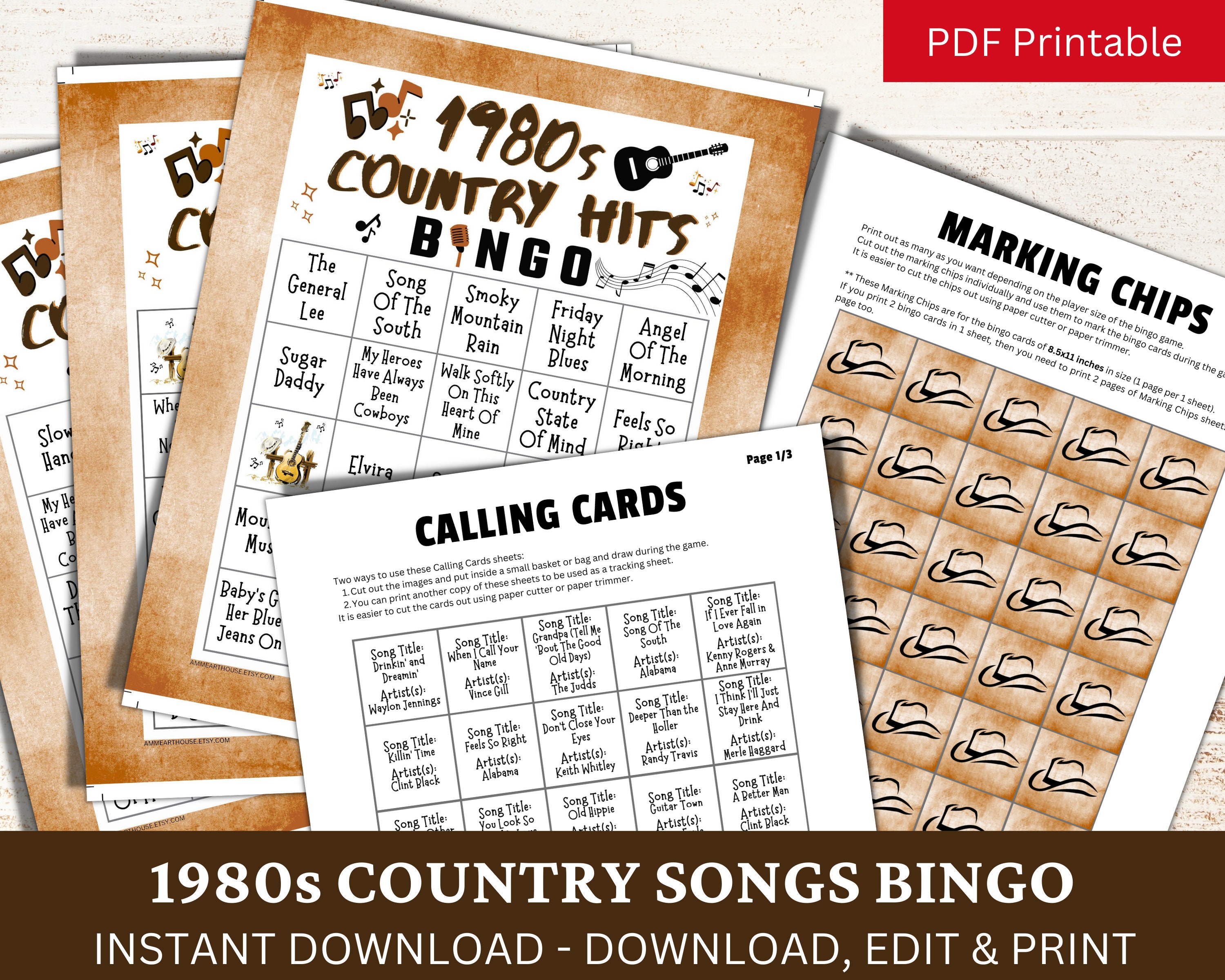 1980s Country Songs Bingo 5 Cards, Classic Music Bingo With Playlist ...