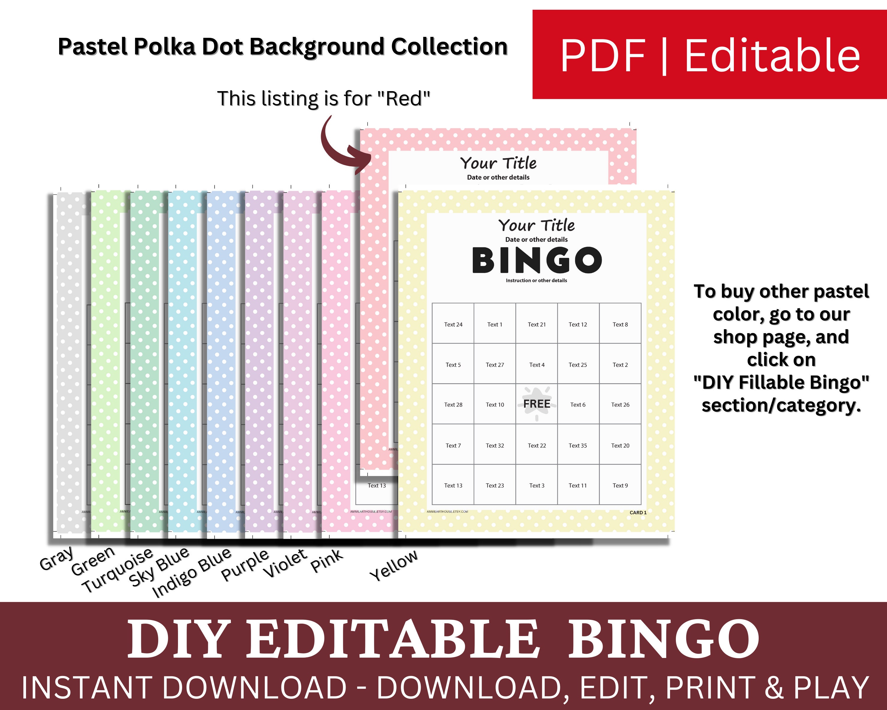 25 Editable Bingo Pastel Red Template PDF DIY Fillable Bingo - Etsy