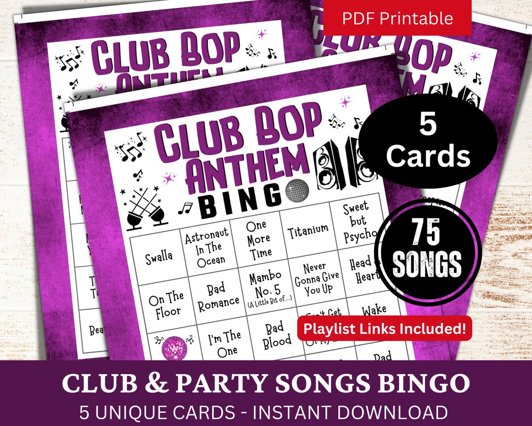 Club & Party Songs Bingo 5 Cards, Dance Music Bingo With Playlist, Fun ...