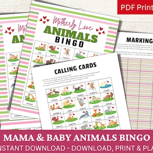 100 Mama & Baby Animals Bingo Game Card, Mother's Day Themed Activity ...