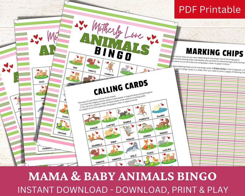 100 Mama & Baby Animals Bingo Game Card, Mother's Day Themed Activity ...