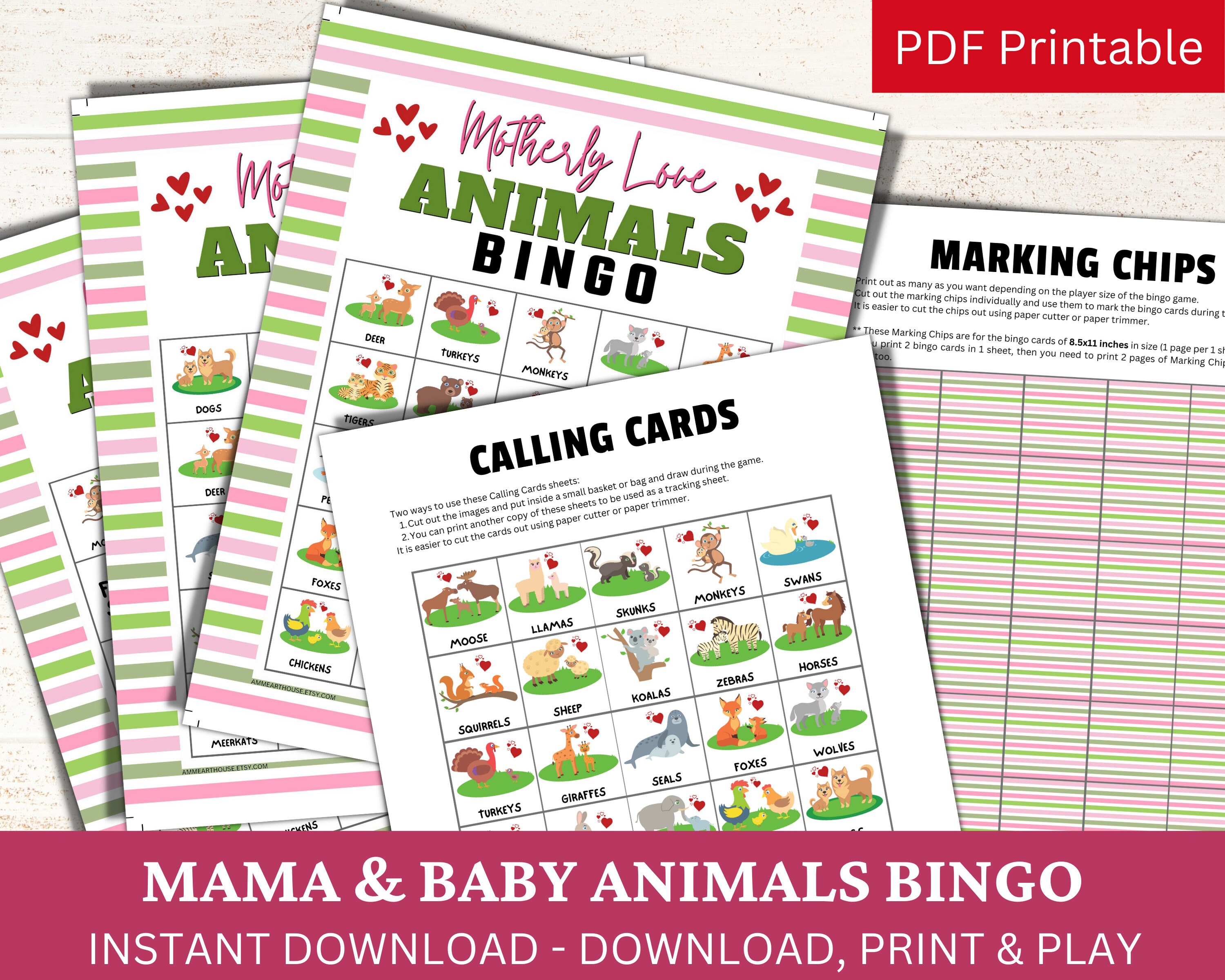 50 Mama & Baby Animals Bingo Game Card Mother's Day - Etsy