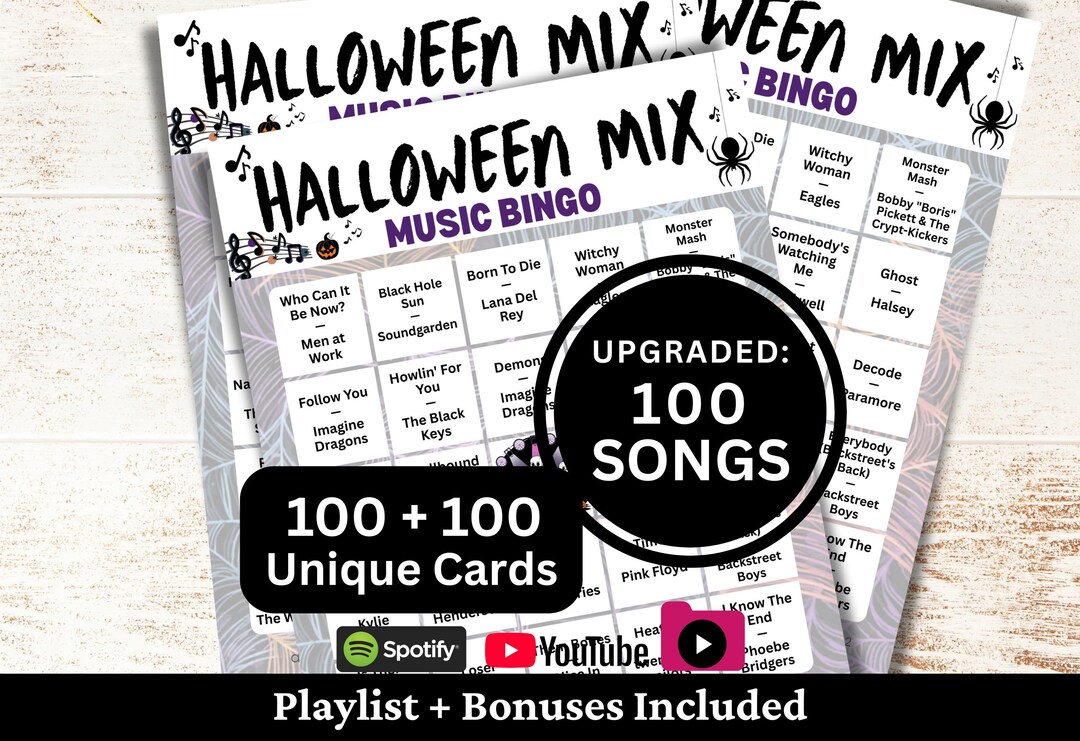 Halloween Music Bingo, 100 Cards, 100 Songs Playlists Included ...