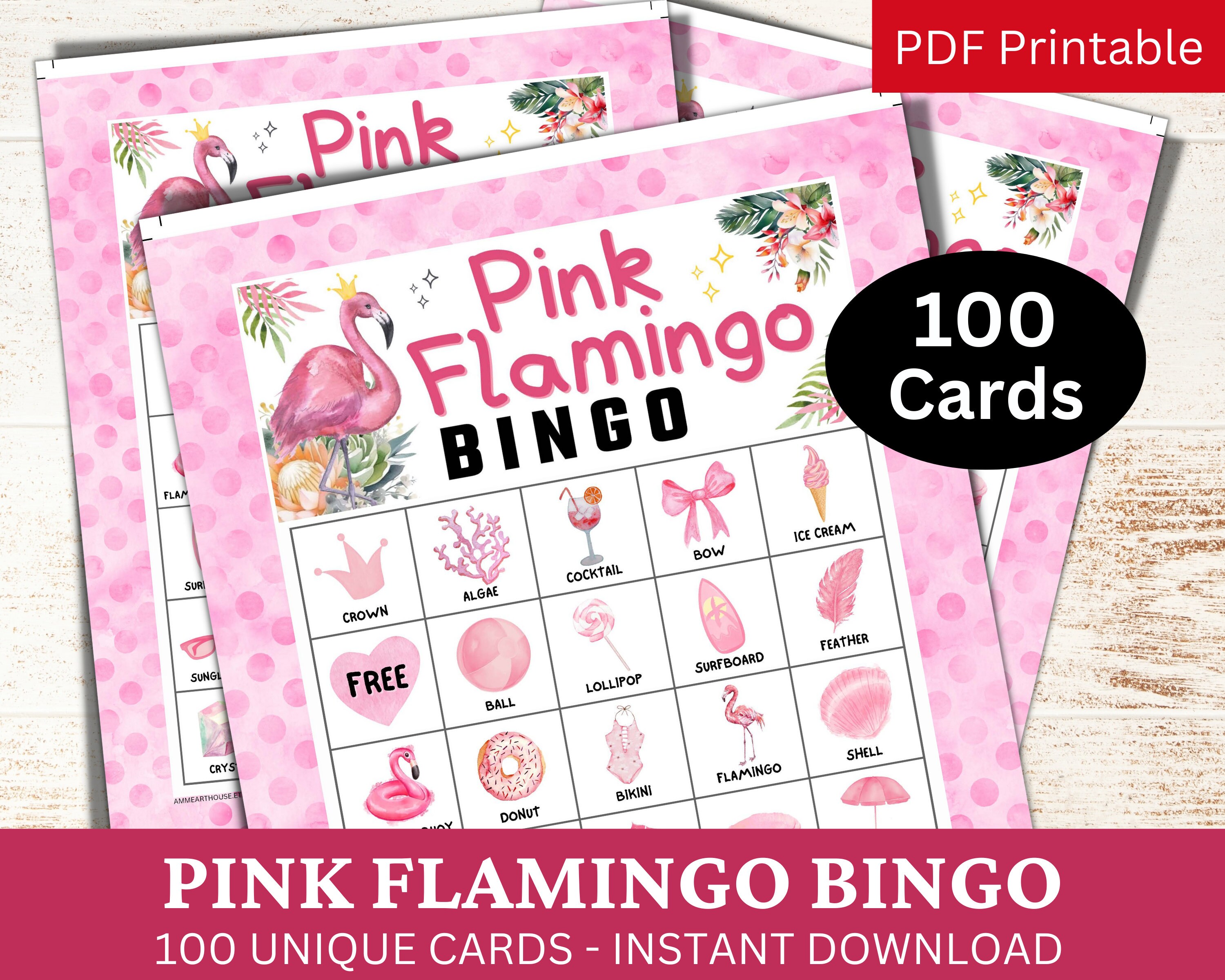 100 Pink Flamingo Watercolor Bingo Game Tropical Summer Theme - Etsy