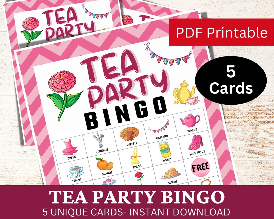 5 Tea Party Bingo Game Card, Fun Birthday Theme Party Activity, Garden ...