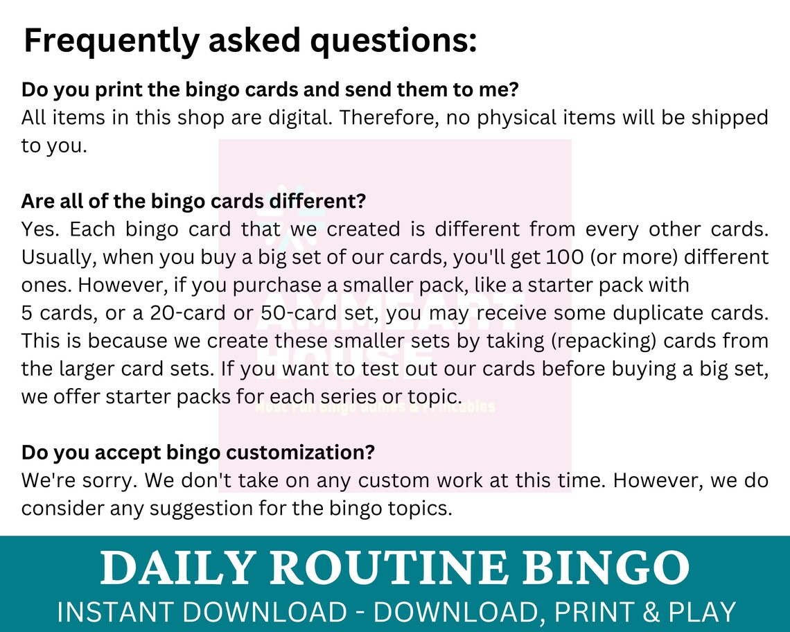 50 Daily Routine Bingo Game Card Daily Chores Bingo Self - Etsy