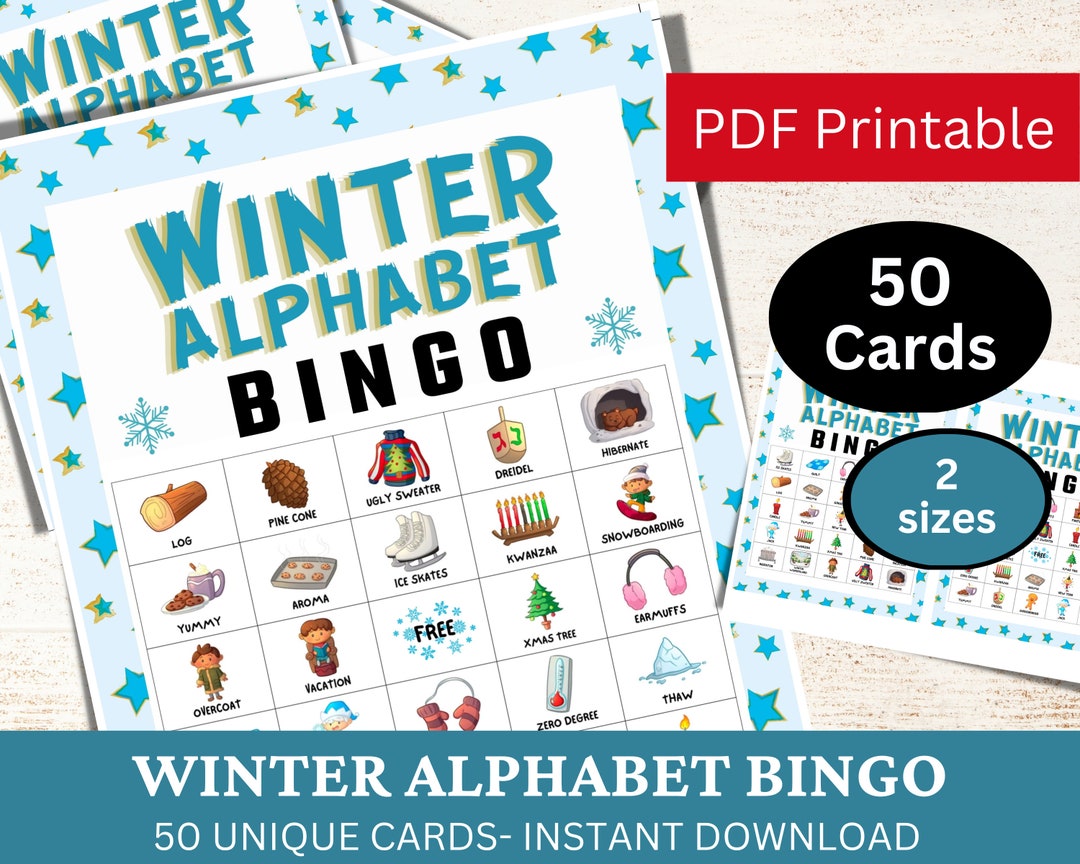50 A-Z Winter Alphabet Bingo Game Card for Kid & Adult, Holiday Party ...