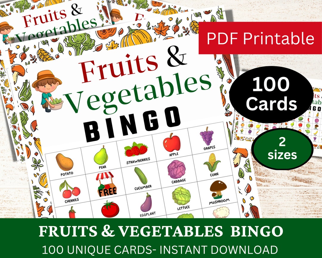 100 Fruits and Vegetables Bingo Game Card, Food Theme Party Activity ...