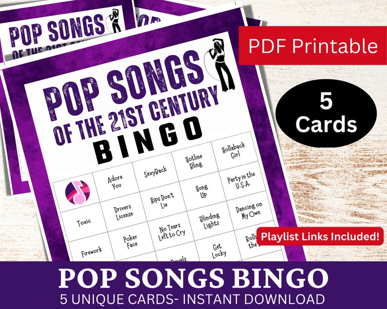 5 Pop Songs Bingo Game Cards, Pop Music Party Activity, Birthday Game ...