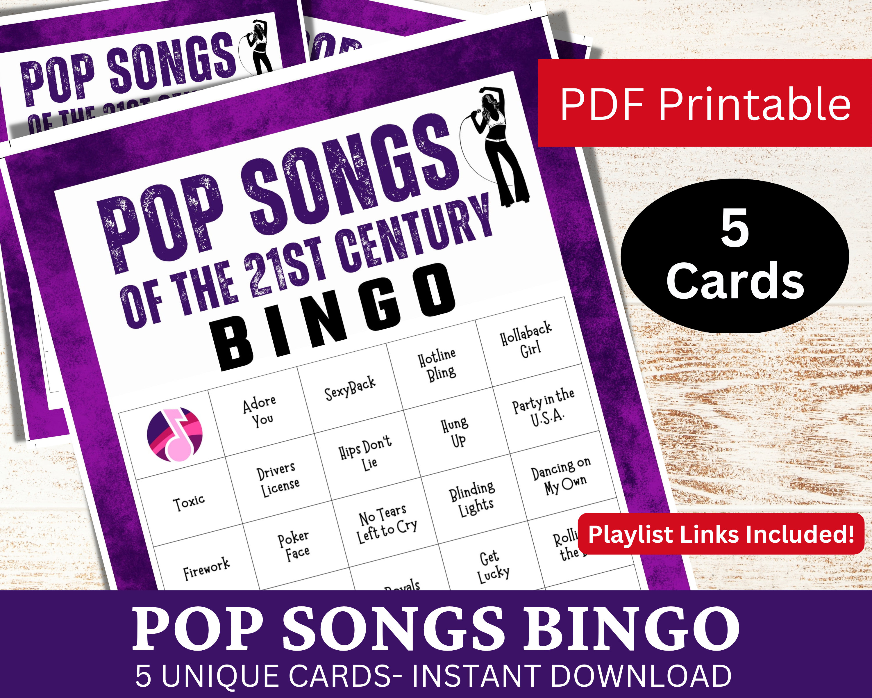 5 Pop Songs Bingo Game Cards, Pop Music Party Activity, Birthday Game ...