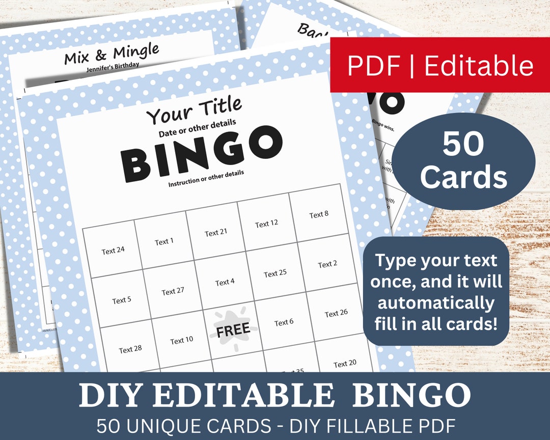 50 Editable Bingo Pastel Indigo Blue Template PDF, DIY Fillable Bingo ...