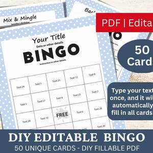50 Editable Bingo Pastel Indigo Blue Template PDF, DIY Fillable Bingo ...