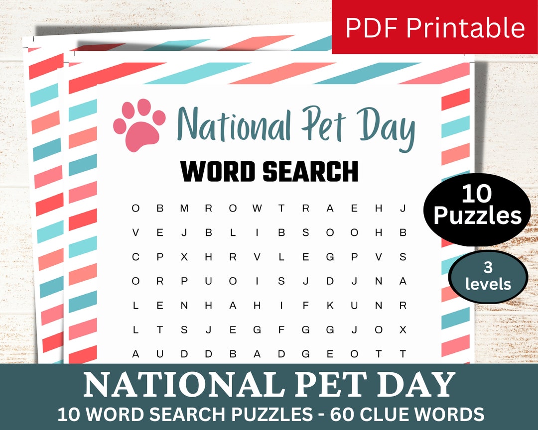 10 National Pet Day Themed Word Search Puzzle Games, Pet Lovers ...