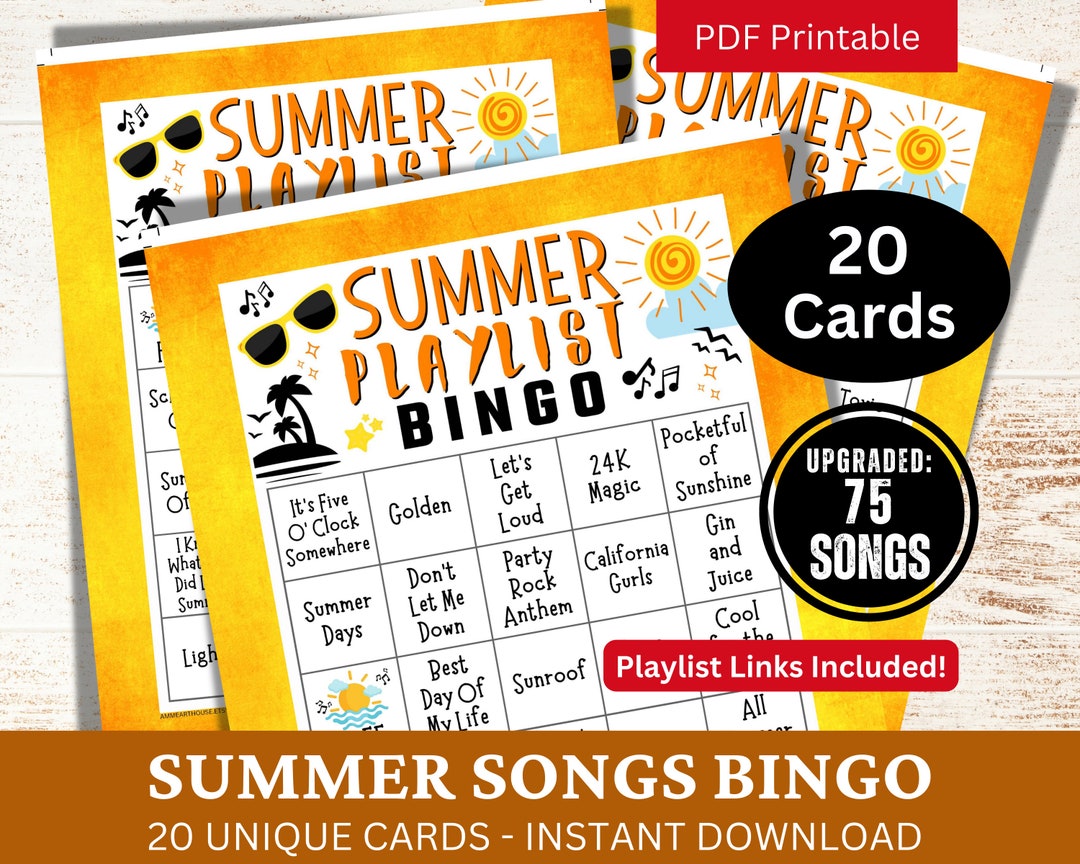 Summer Songs Bingo 20 Cards, Summertime Picnic Themed Music With ...