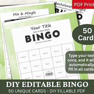 50 Editable Bingo Watercolor Green Template PDF, DIY Fillable Game ...